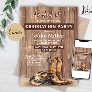 Editable Western Graduation Party Invitation - Digital Invite Rustic ...