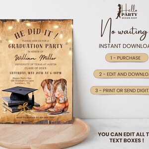 Editable Western Graduation Party Invitation - Digital Invite Rustic ...
