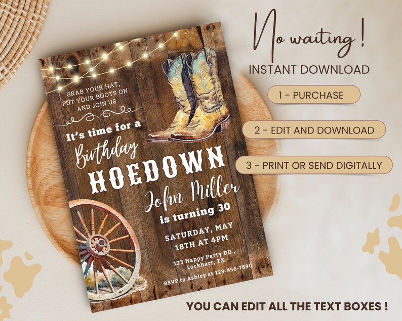 Editable Western Hoedown Birthday Party Invitation - Cowboy Digital ...
