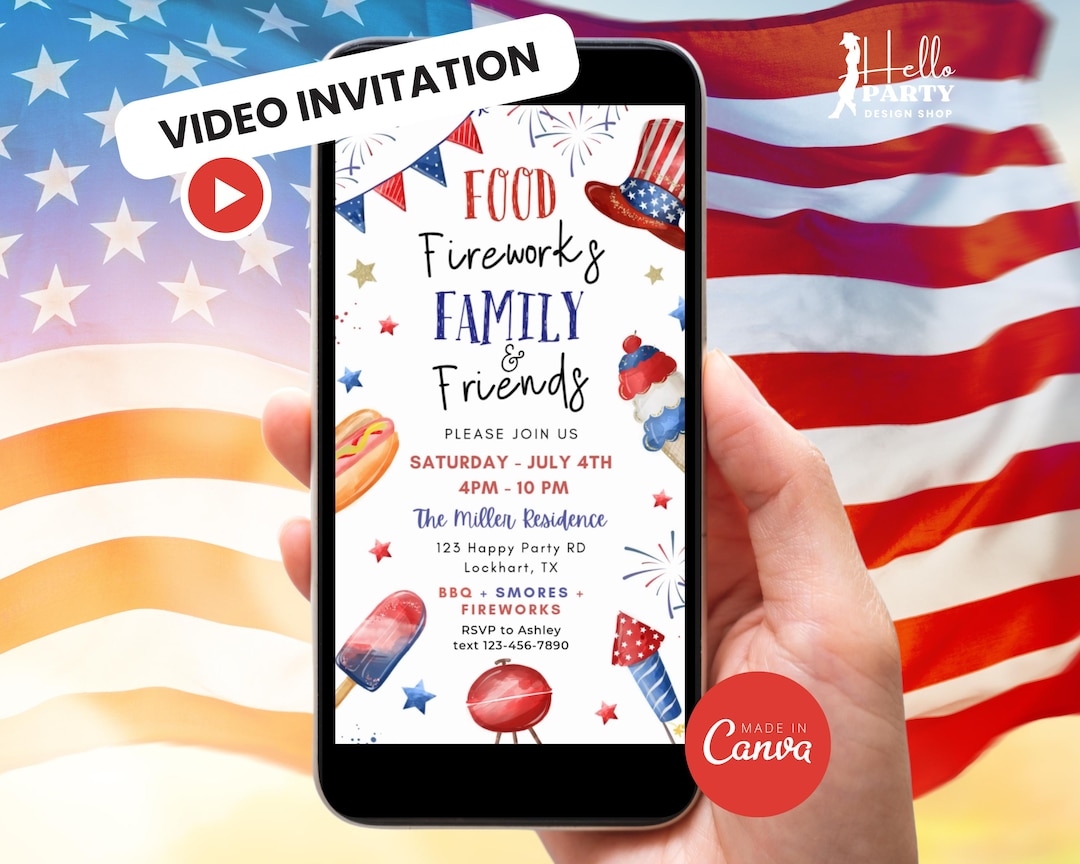 Editable 4th of July Cookout VIDEO Invitation, Food Fireworks Family ...