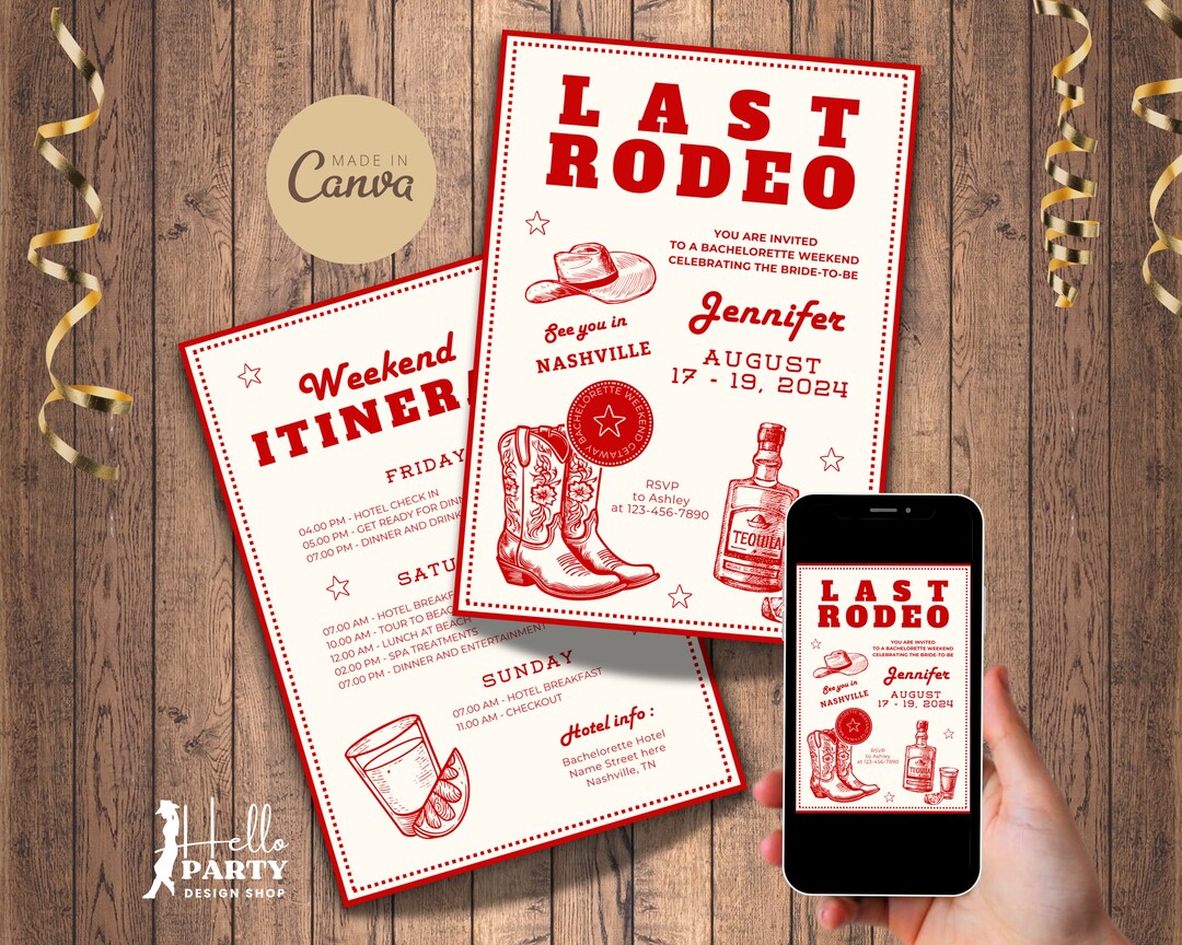 Last Rodeo Cowgirl Bachelorette Party Invitation - Nashville Itinerary ...