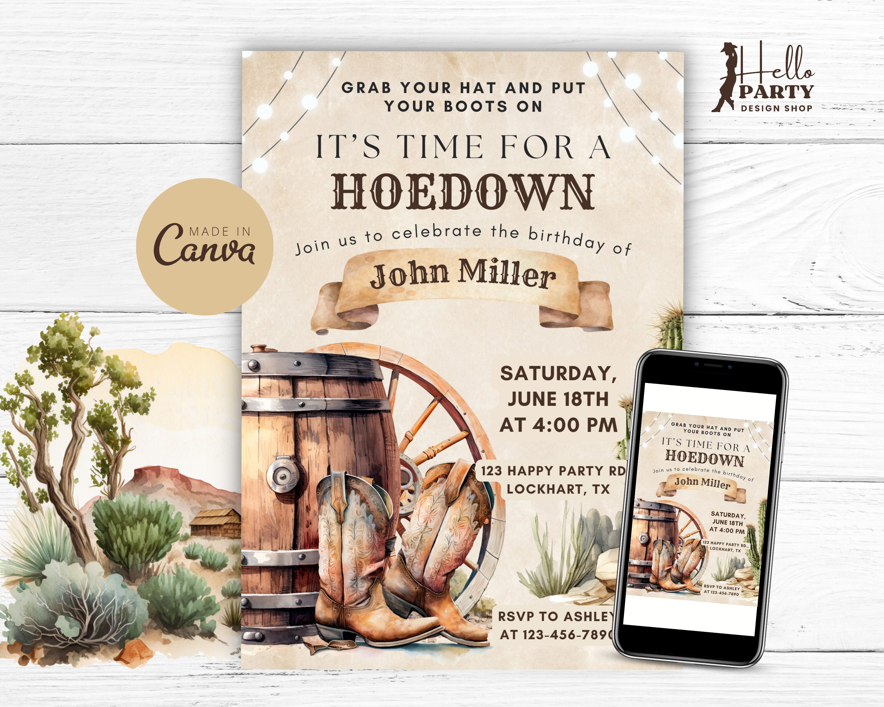 Editable Hoedown Birthday Party Invitation Cowboy Digital Invite Rustic ...