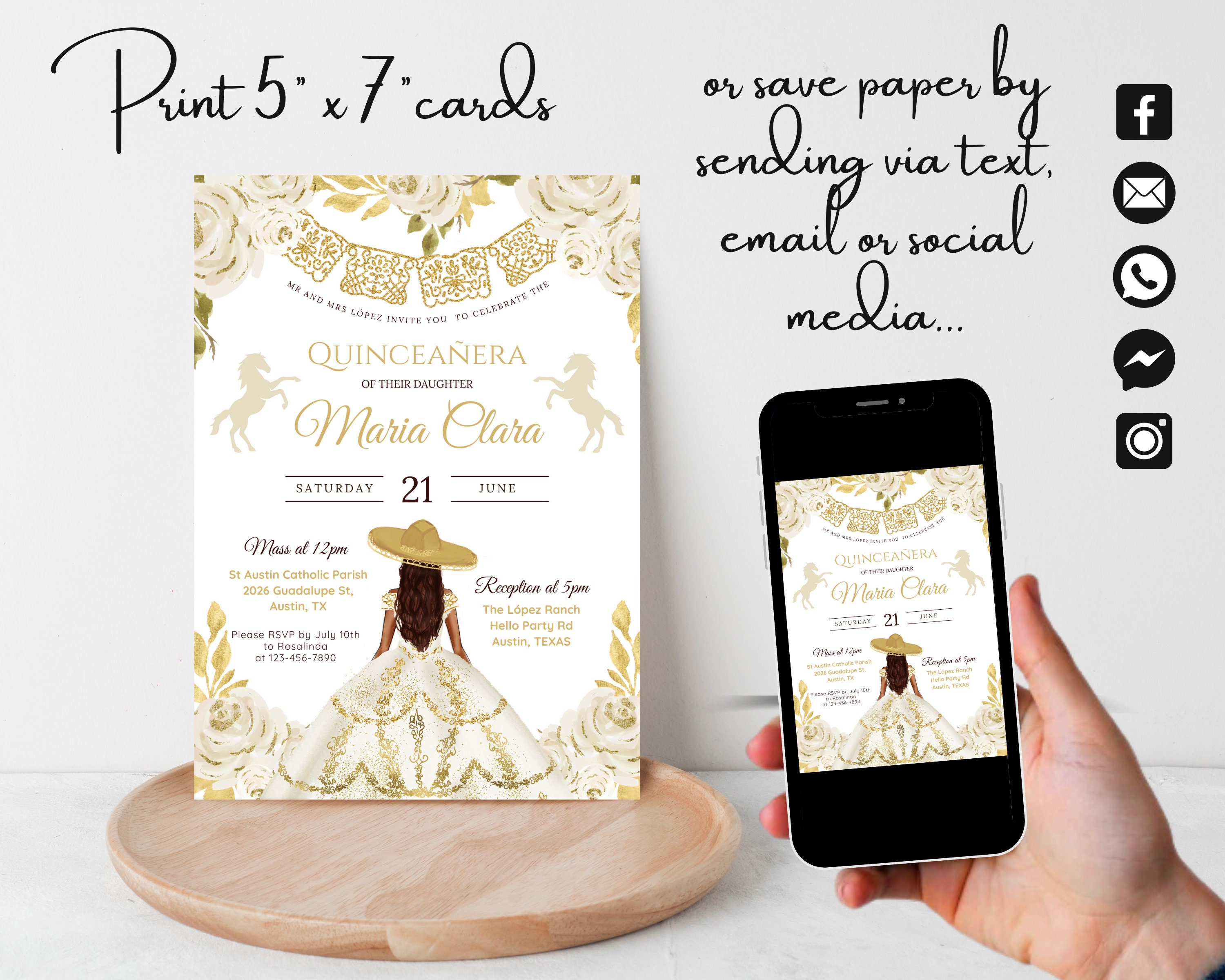 Ivory Gold Charro Quinceañera Invitation - White 15th Birthday Western ...