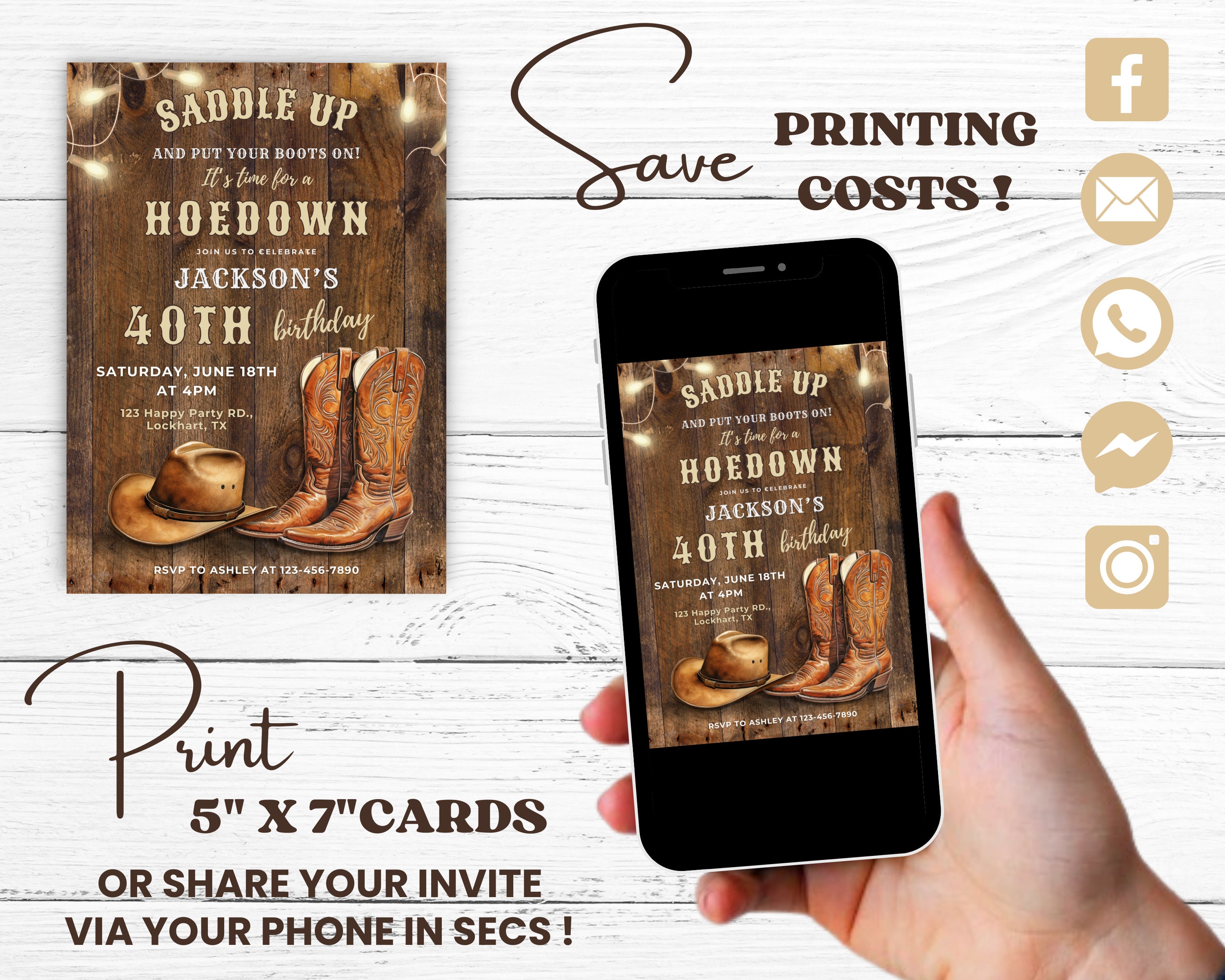 Editable Western Hoedown 40th Birthday Party Invitation Cowboy Digital ...