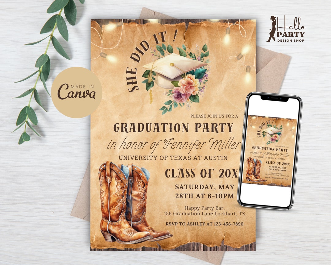 She Did It -floral Western Graduation Party Invitation -digital Invite ...