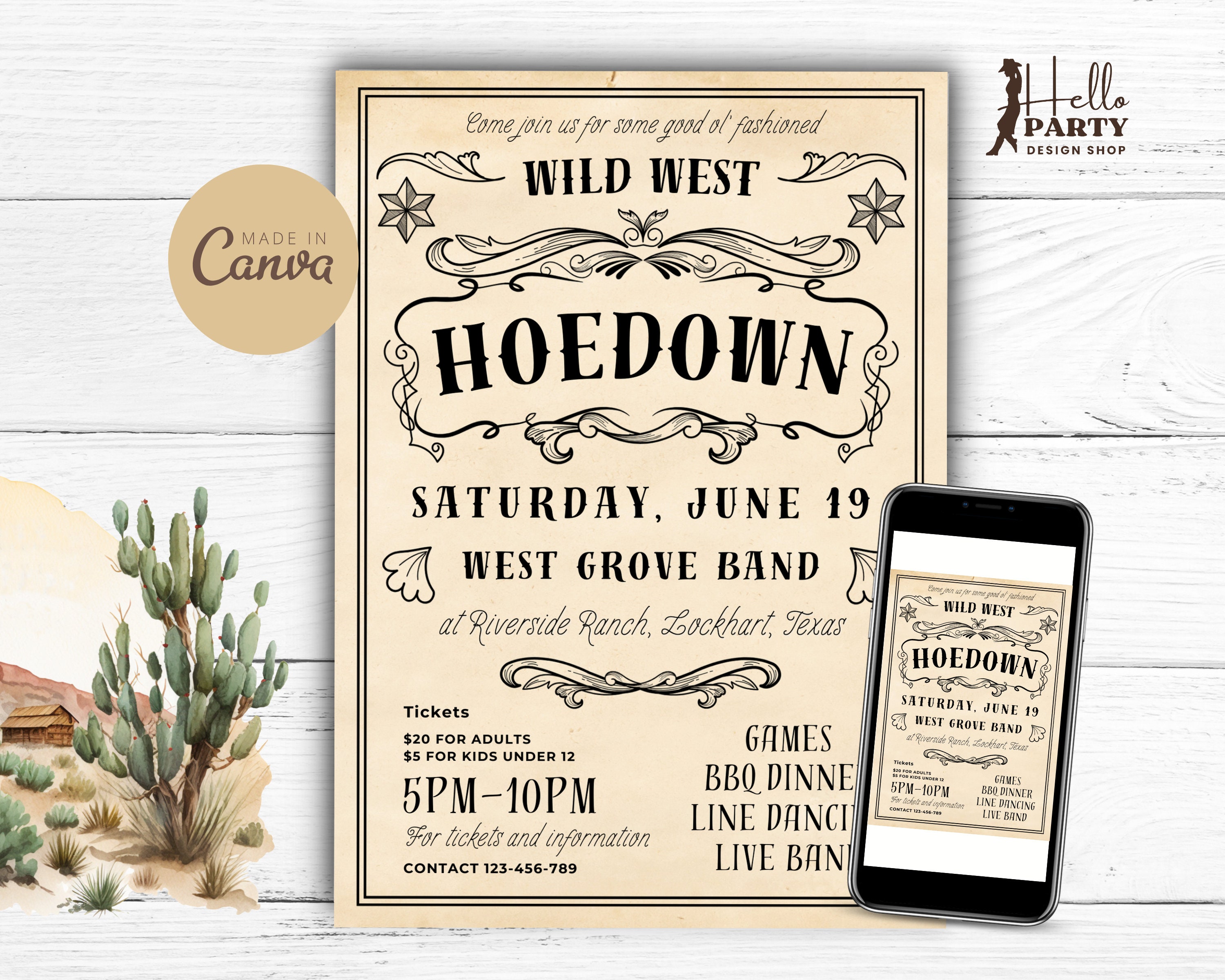 Wild West Hoedown Flyer country Party Invitation rustic Editable ...