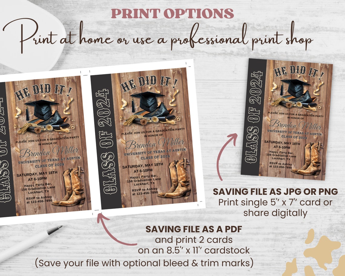 Editable Western Graduation Party Invitation - Digital Invite Rustic ...