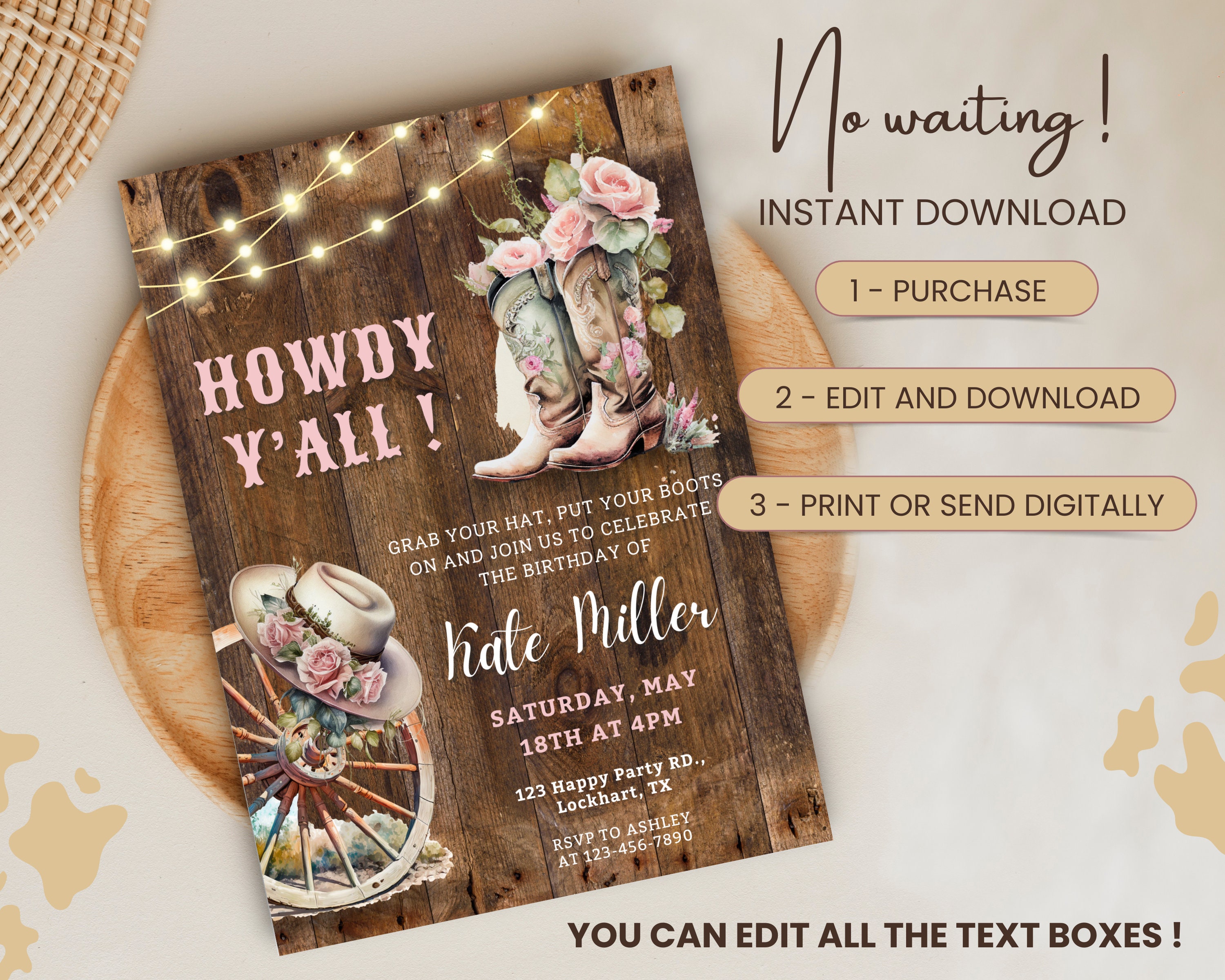 Editable Pink Howdy Y'all Birthday Party Invitation Western Cowgirl ...