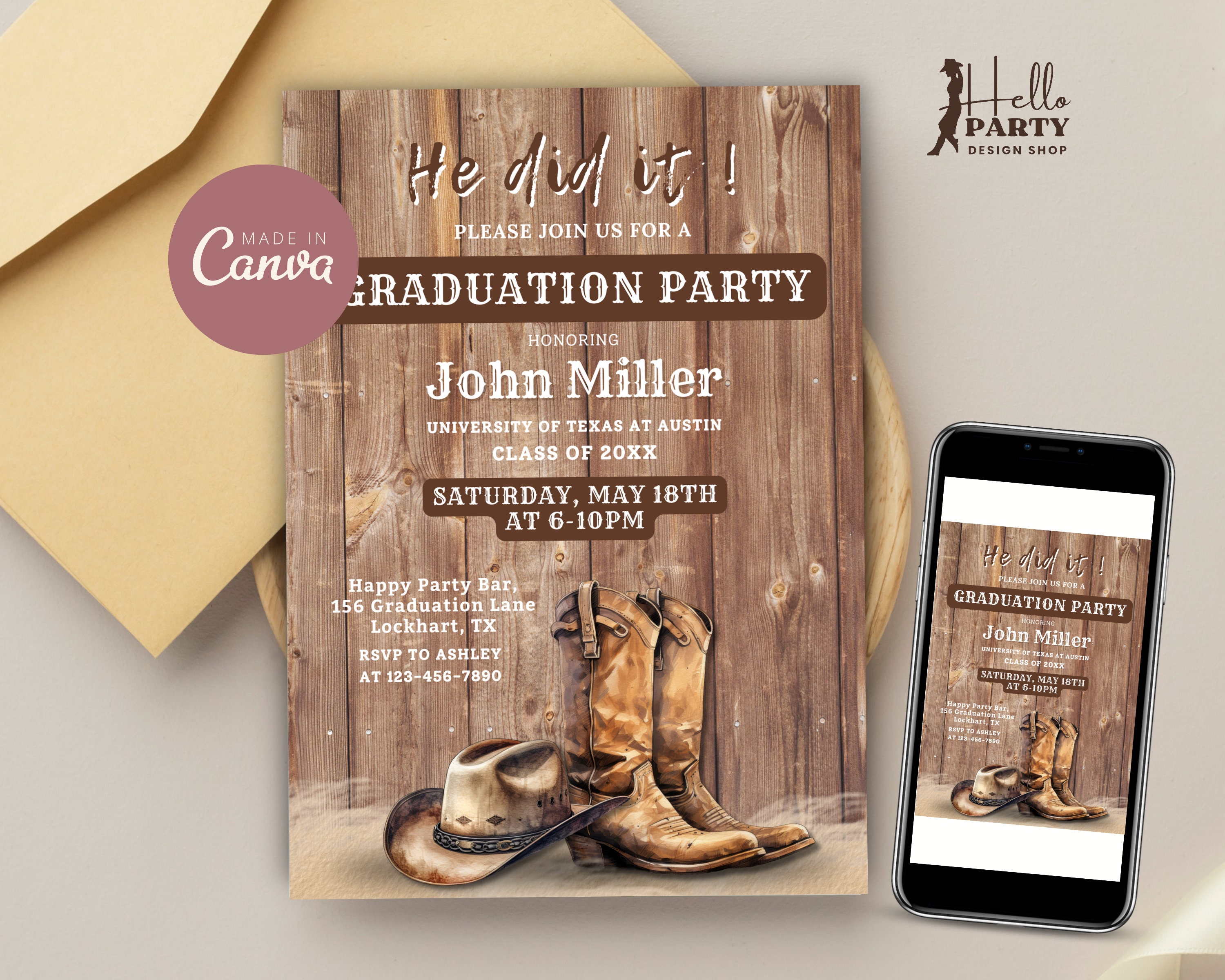 Editable Western Graduation Party Invitation Digital Invite Rustic ...