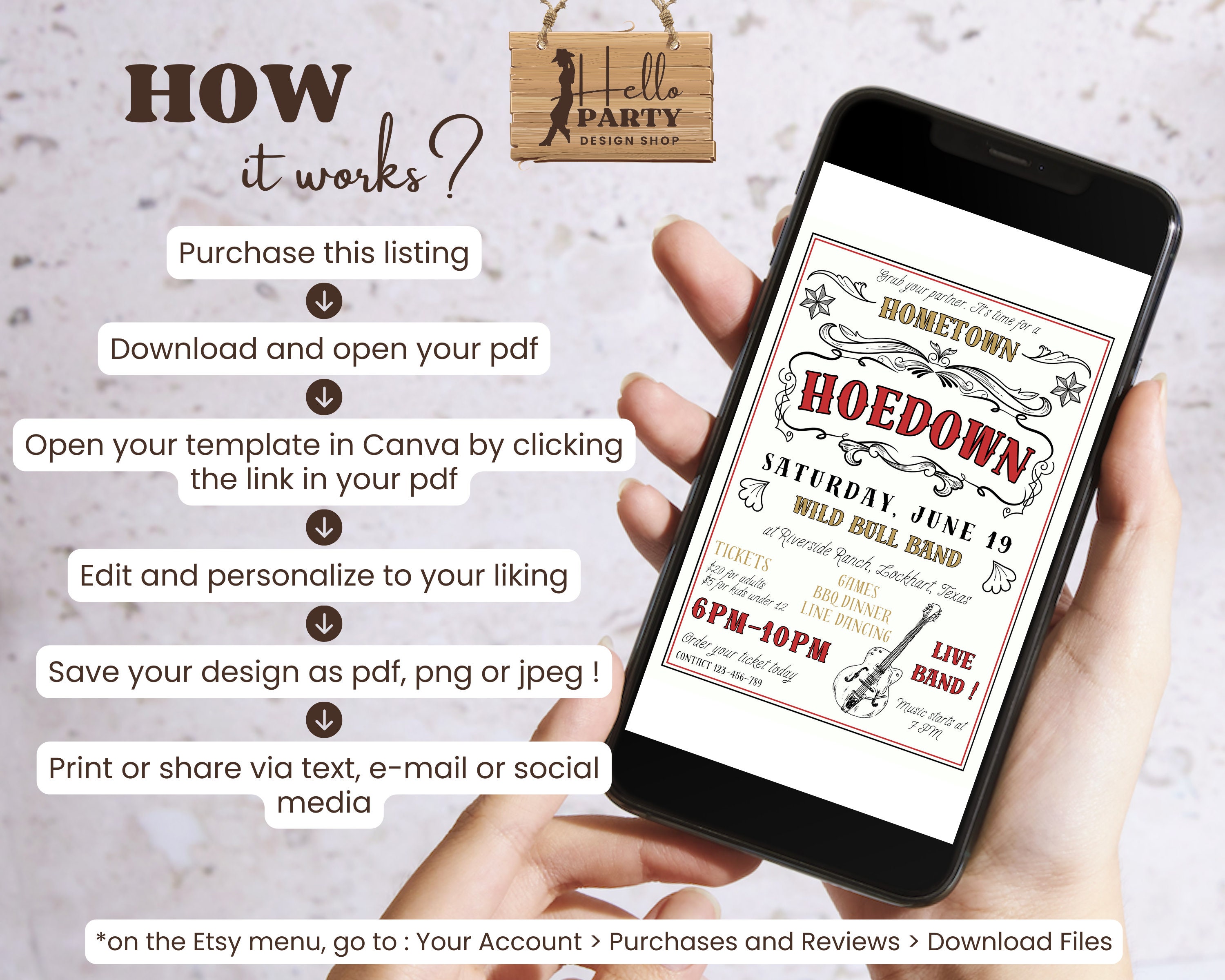 Editable Vintage Red Hoedown Flyer country Guitar Party Invitation ...