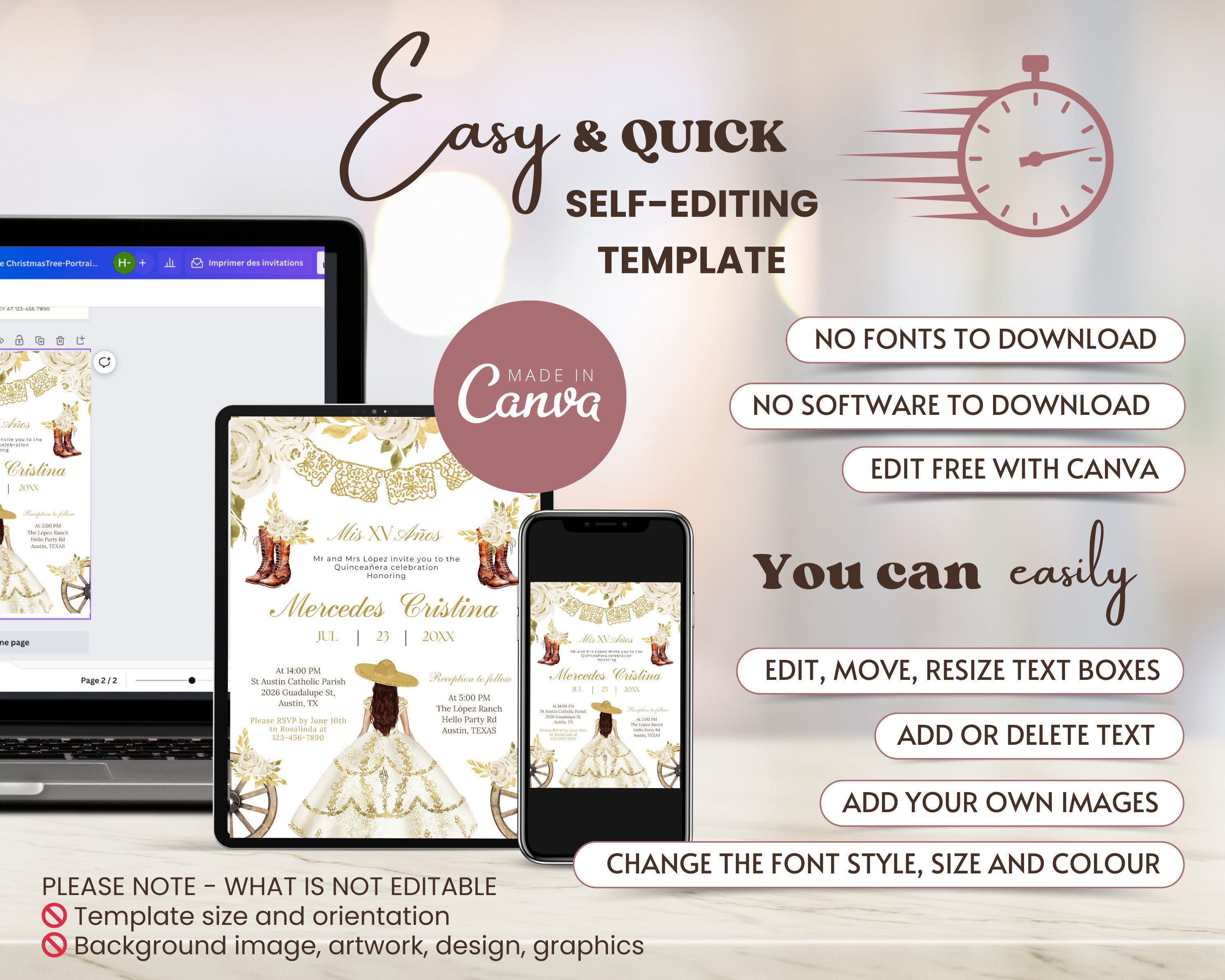 Charra Quinceañera Invitation Ivory Gold Princess 15th Birthday Western ...