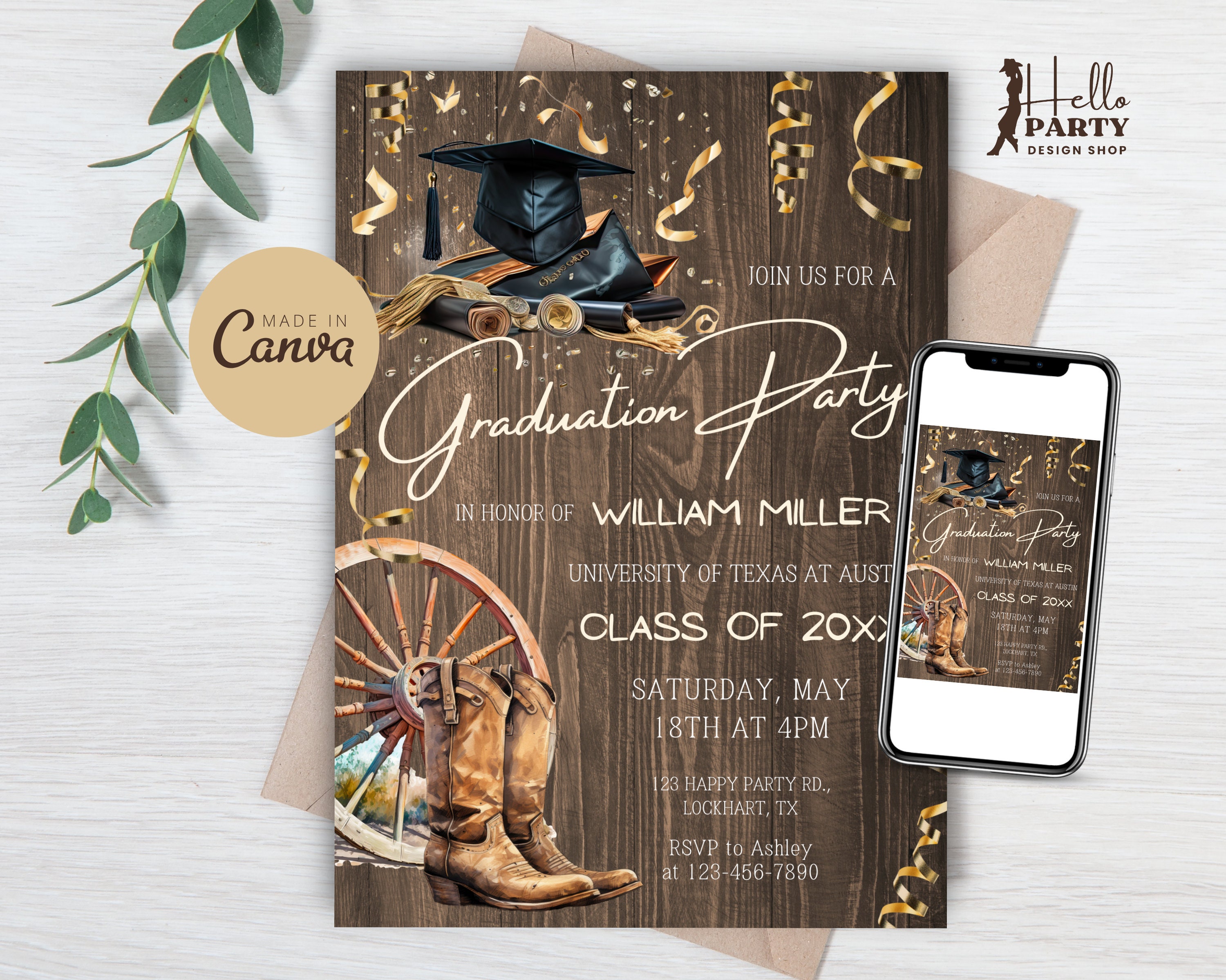 Editable Western Graduation Party Invitation Digital Invite Rustic ...