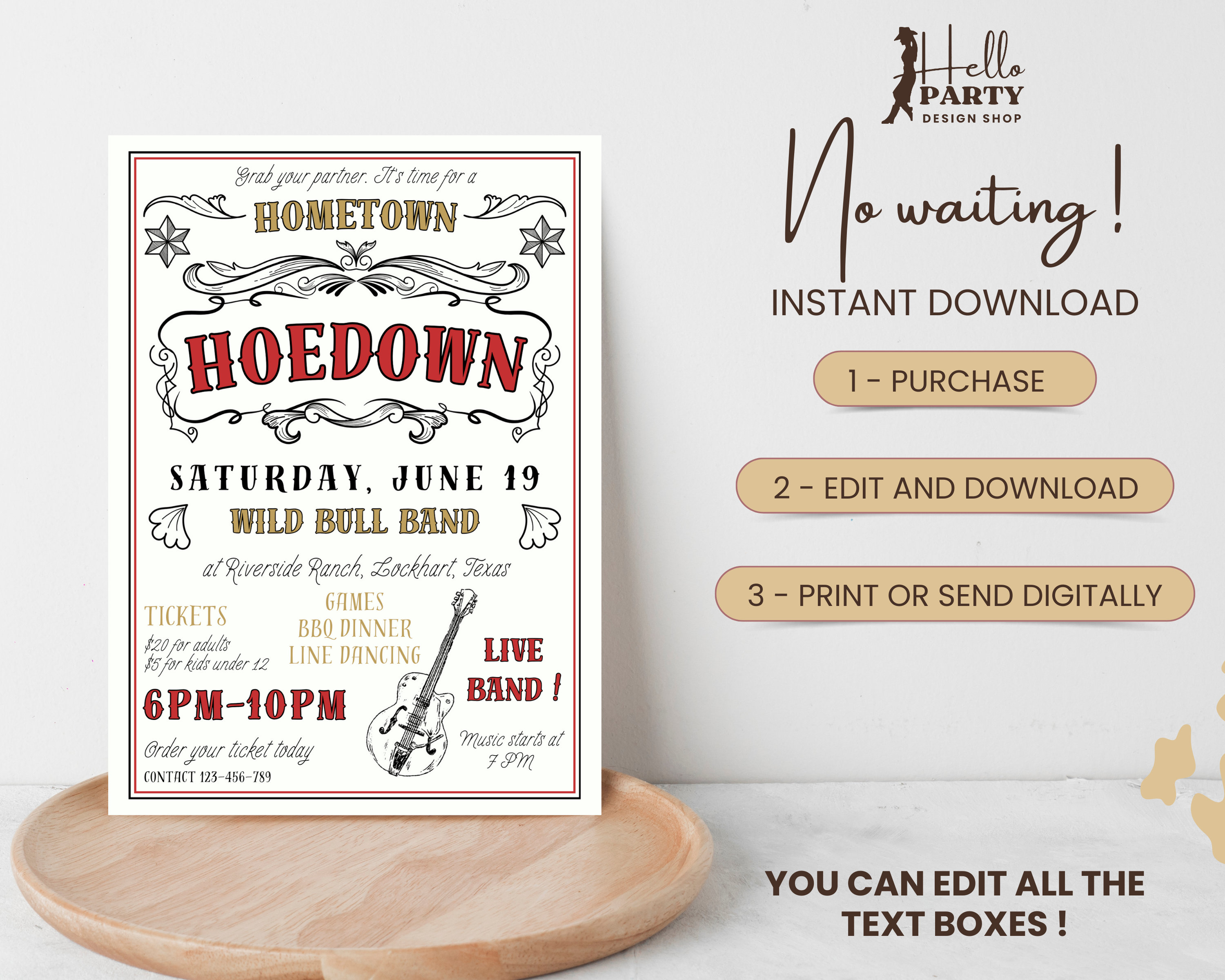Editable Vintage Red Hoedown Flyer country Guitar Party Invitation ...