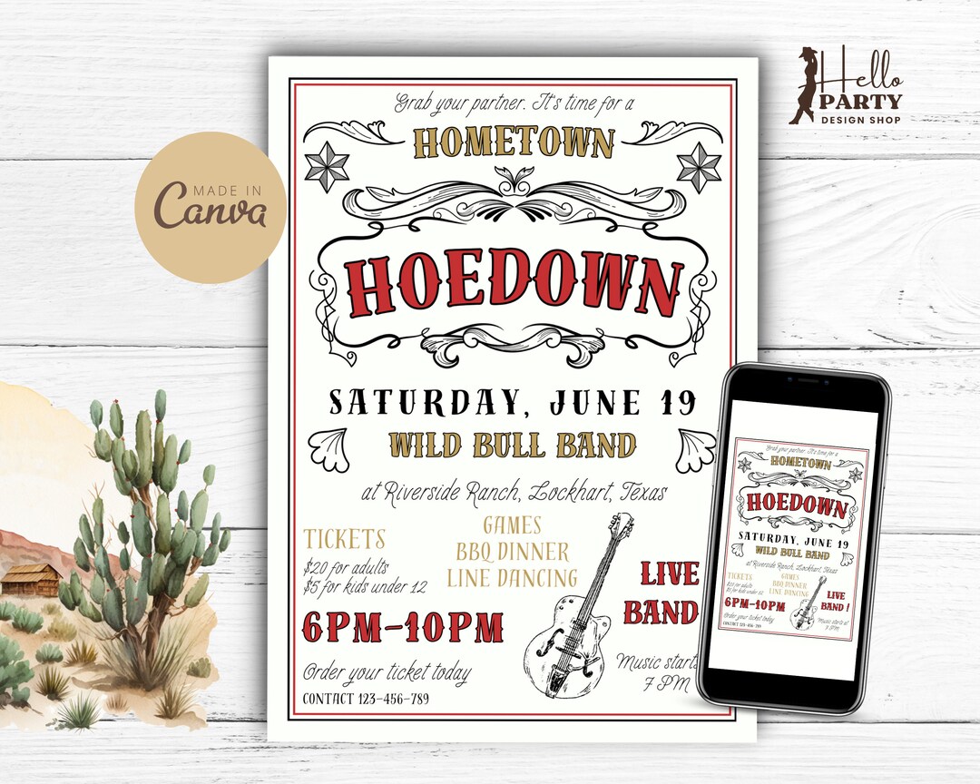 Editable Vintage Red Hoedown Flyer -country Guitar Party Invitation ...