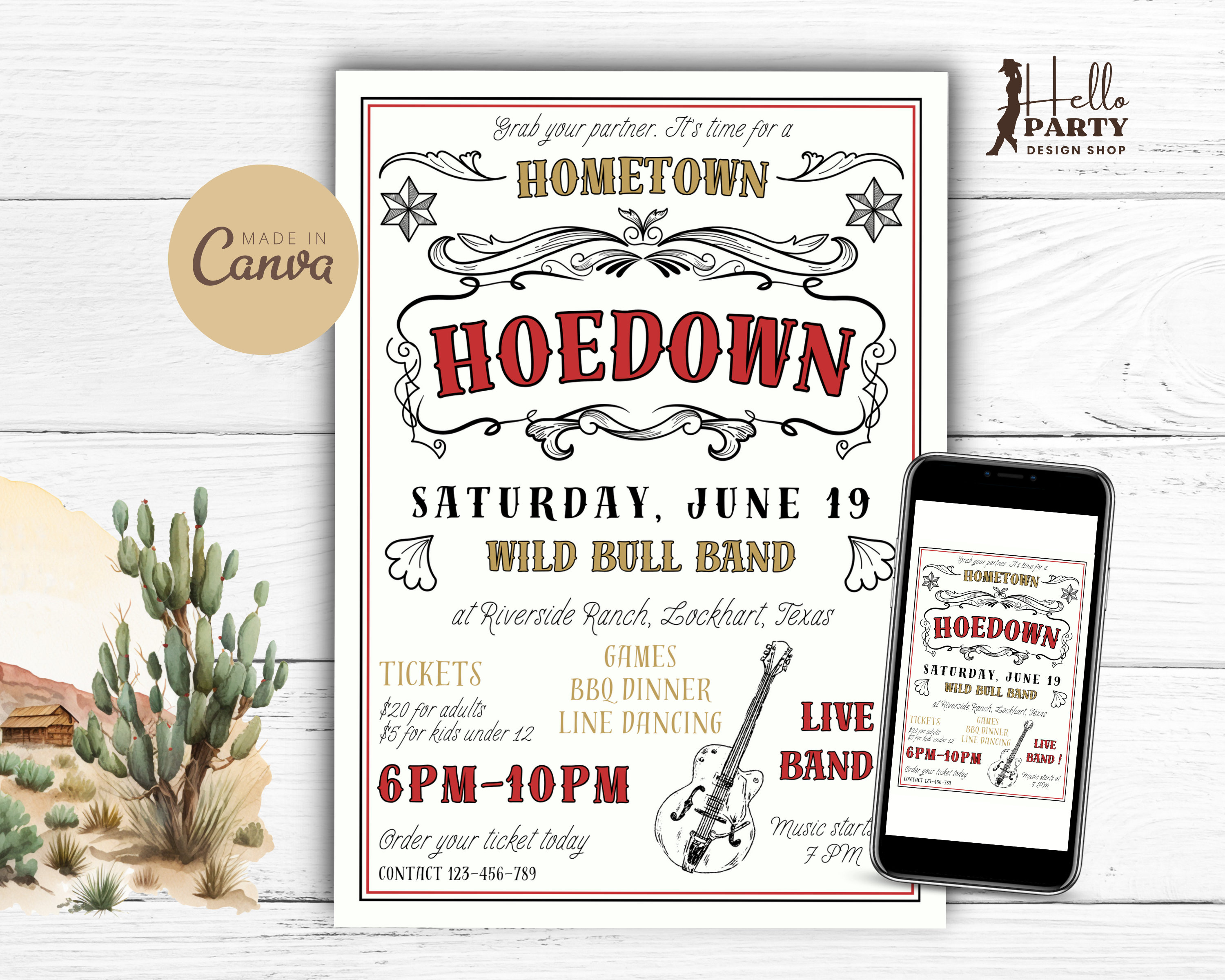 Editable Vintage Red Hoedown Flyer country Guitar Party Invitation ...
