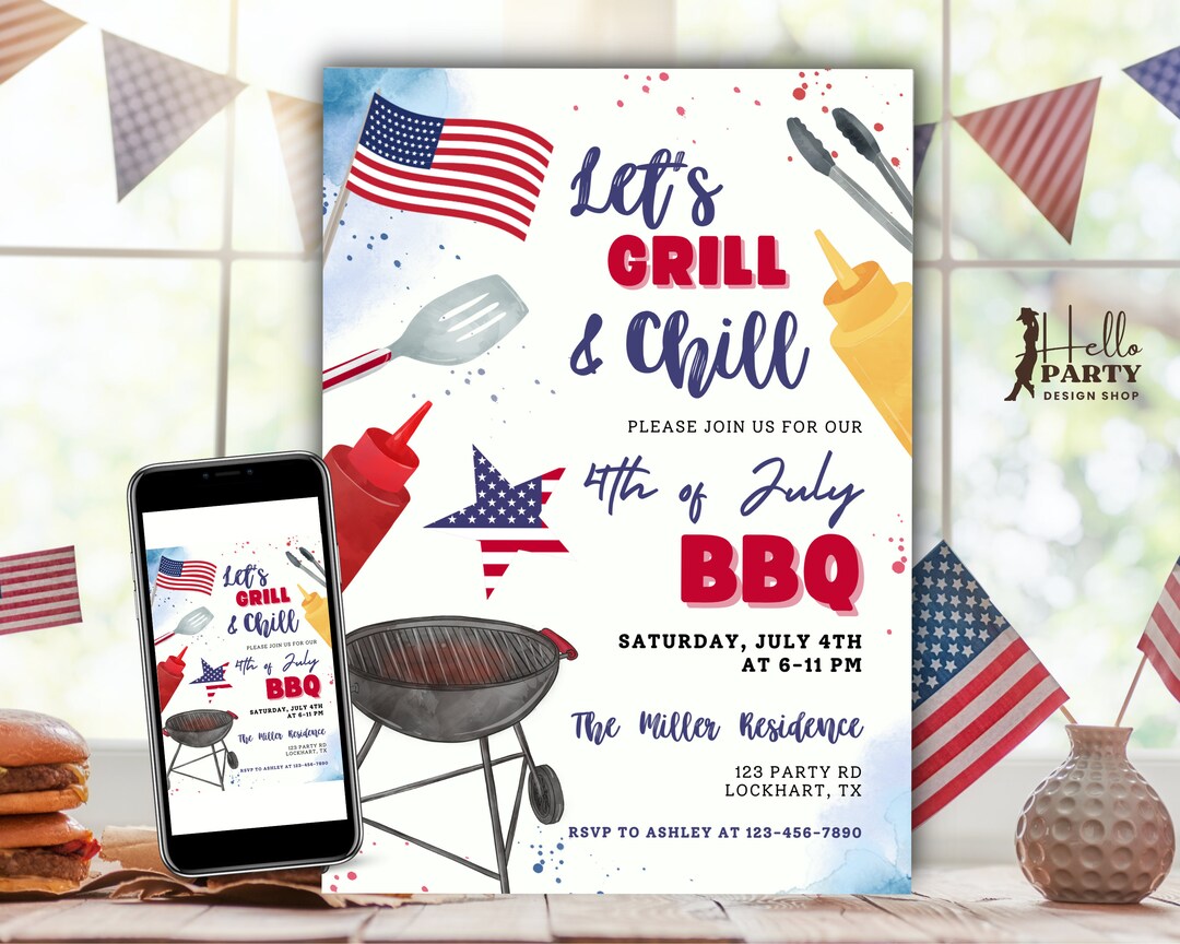 Editable Grill and Chill 4th of July BBQ Invitation, Patriotic Family ...