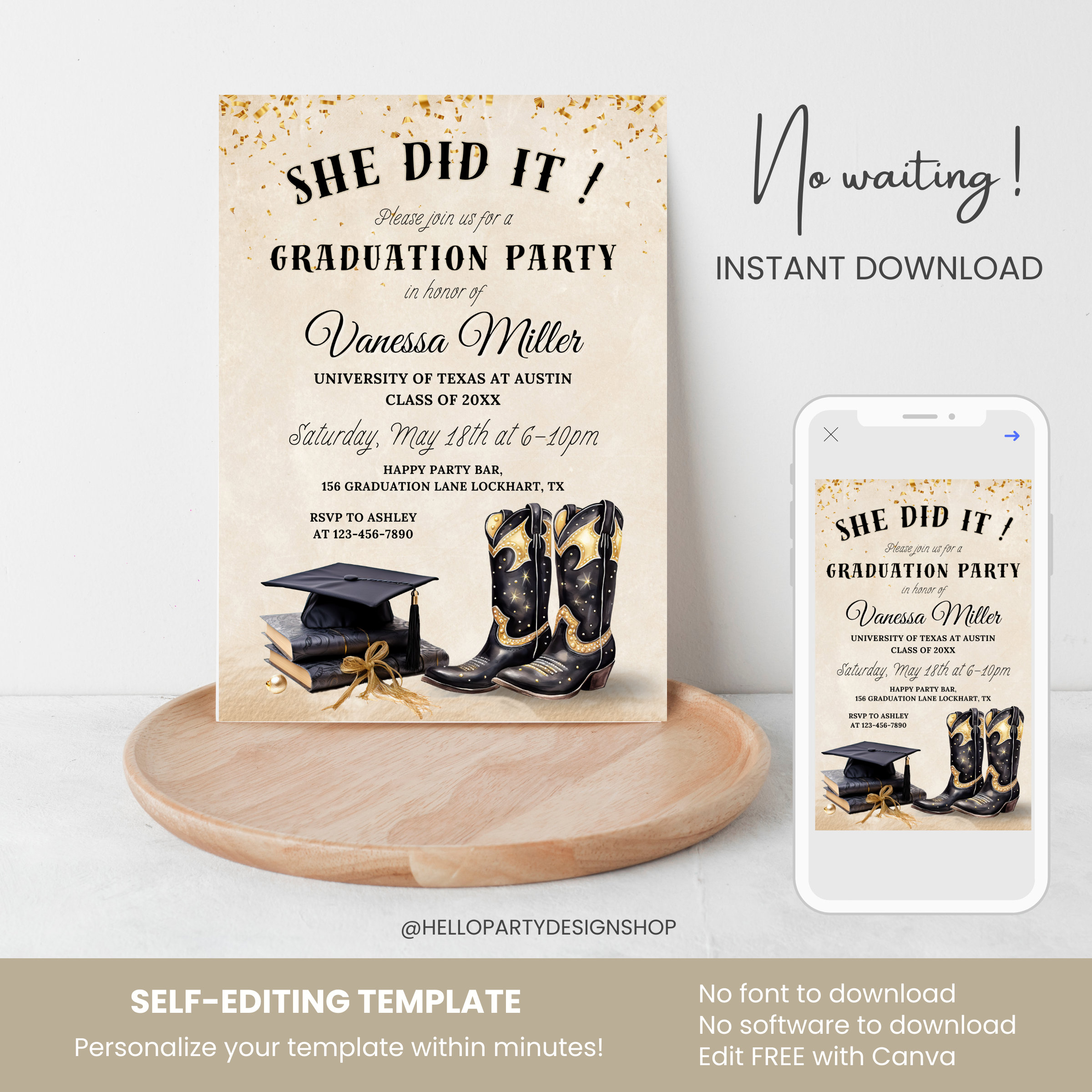 She Did It Western Graduation Party Invitation Digital Invite Rustic Country College Grad Cap ...