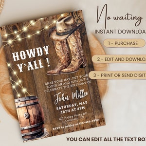 Editable Howdy Y'all Birthday Party Invitation -western Cowboy Digital ...