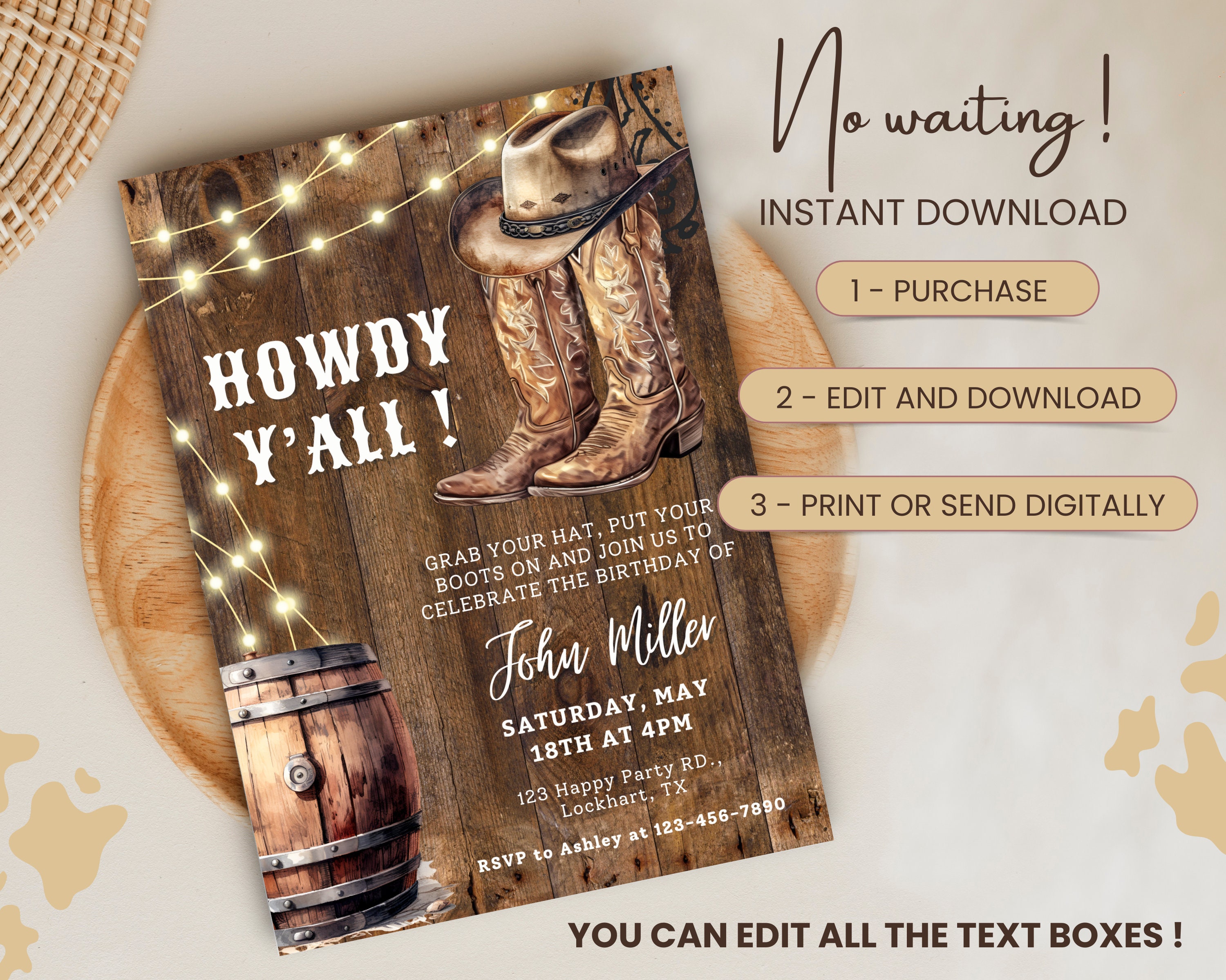 Editable Howdy Y'all Birthday Party Invitation western Cowboy Digital ...