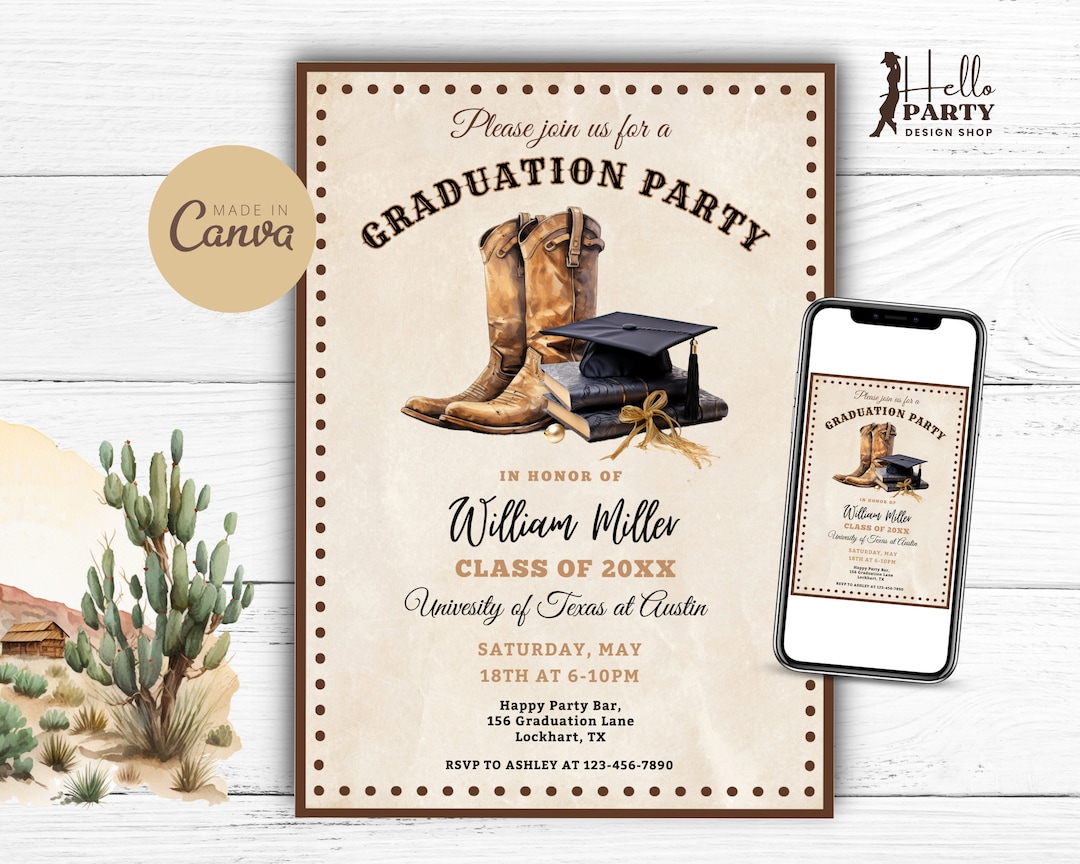 Editable Western Graduation Party Invitation - Digital Invite Rustic ...