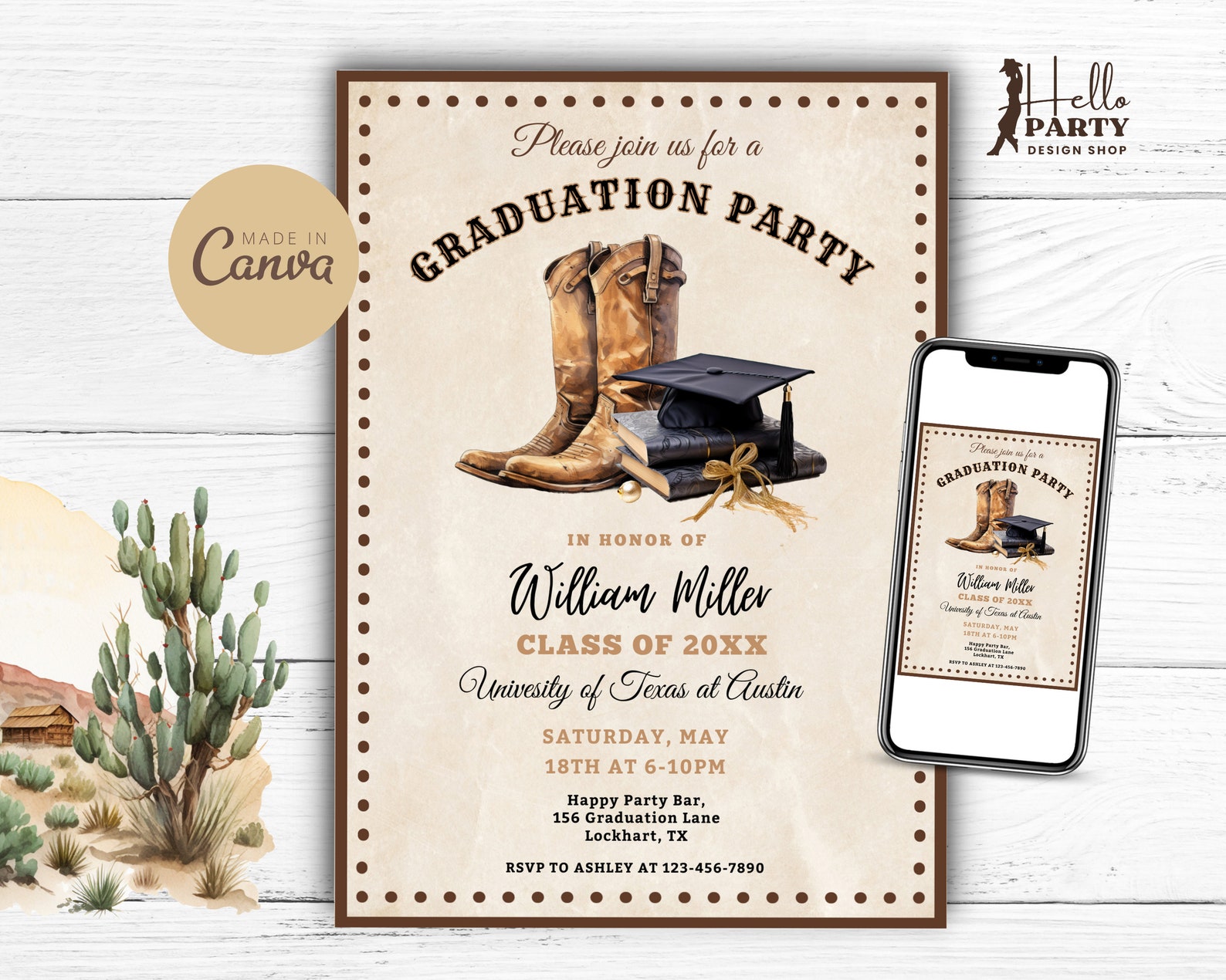 Editable Western Graduation Party Invitation - Digital Invite Rustic ...