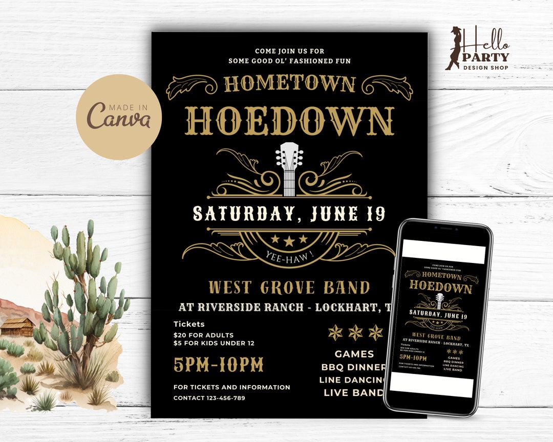 Editable Hometown Hoedown Flyer Country Dance Party Invitation Rustic ...