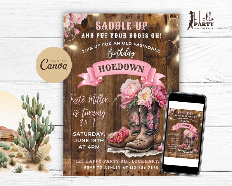 Editable Pink Peonies Hoedown Birthday Invitation Western Cowgirl Party ...