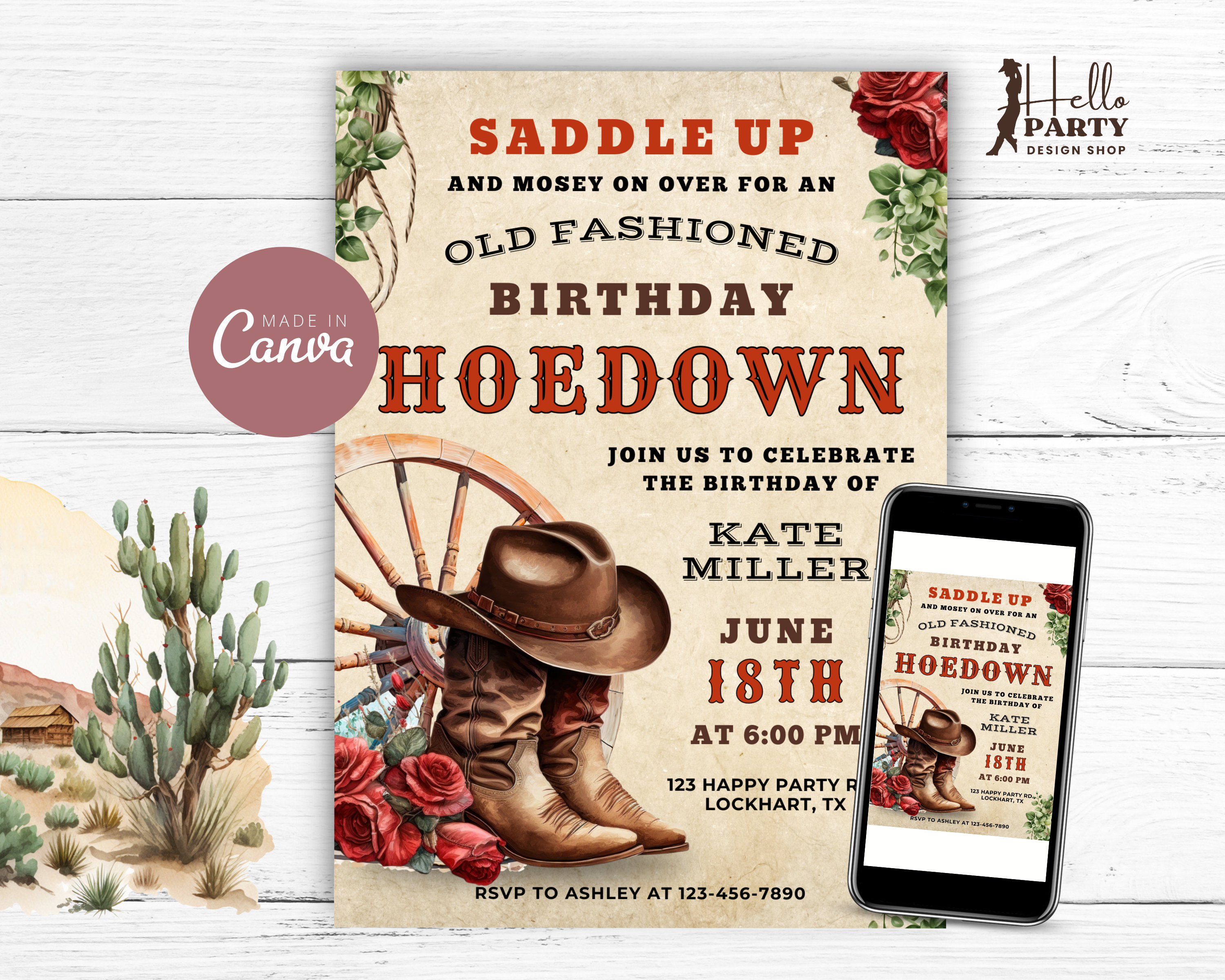Editable Red Roses Cowgirl Hoedown Birthday Party Invitation Western ...