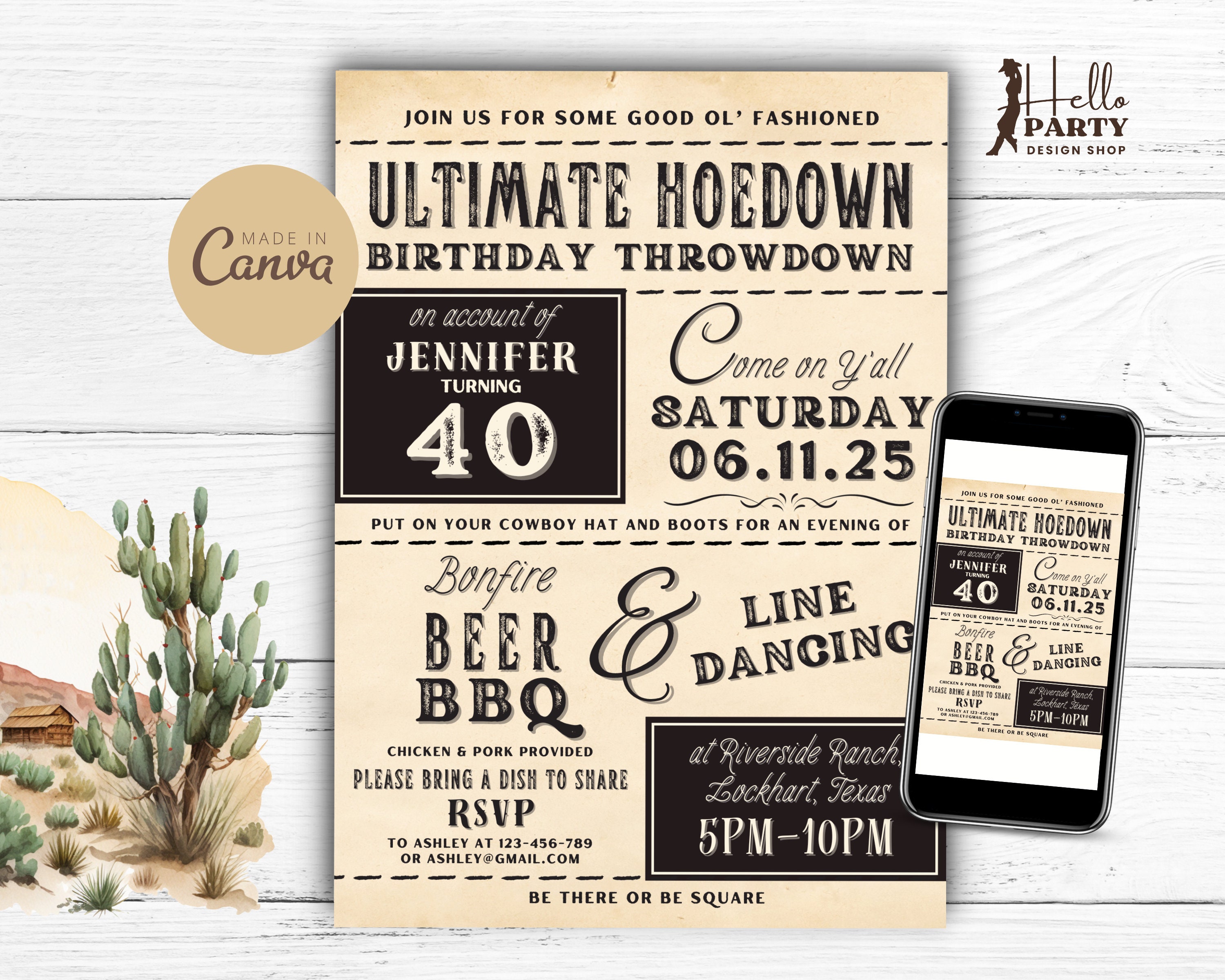 Hoedown Birthday Throwdown Bonfire Beer BBQ Invitation Western Cowboy ...