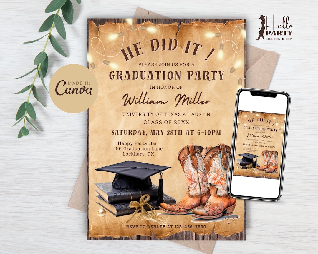 Editable Western Graduation Party Invitation - Digital Invite Rustic ...