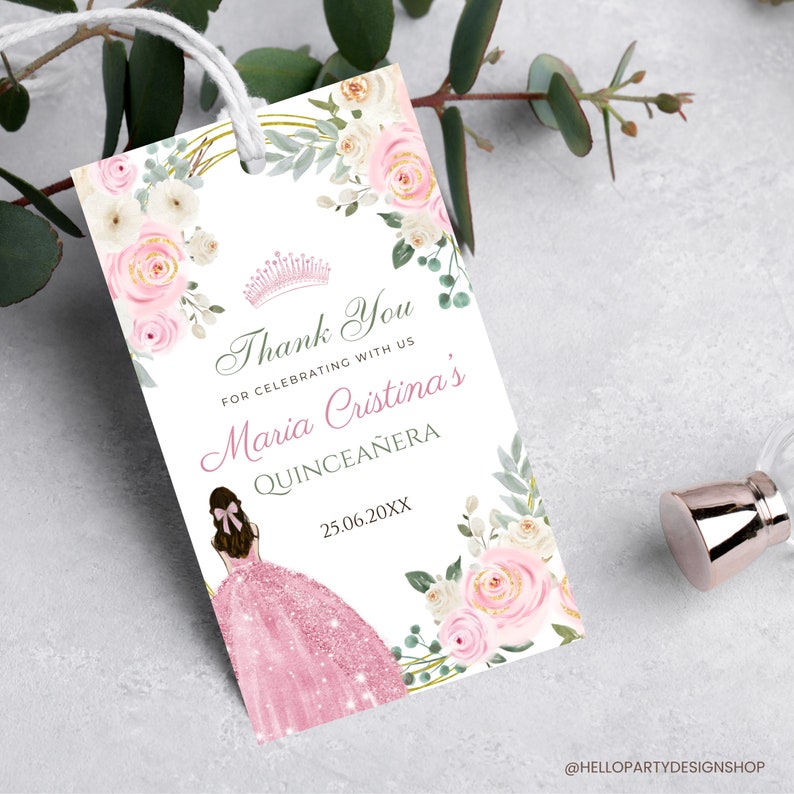 Editable Pink Blush Quinceañera Thank You Tag 15th Birthday Party ...