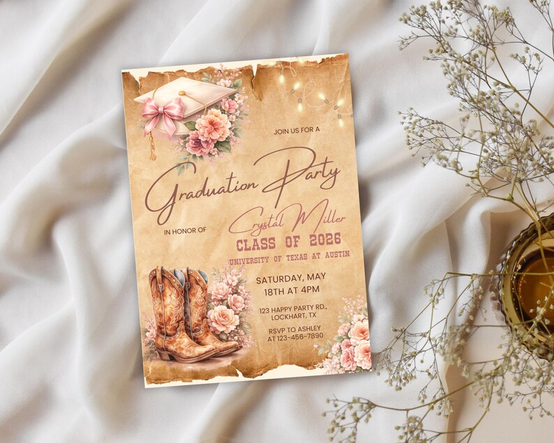 Editable Floral Western Graduation Announcement Photo Card, Coquette ...