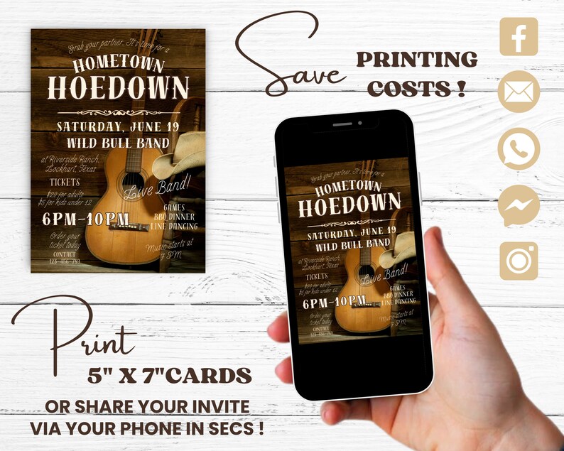 Editable Hoedown Flyer - Country Guitar Party Invitation - Rustic Live ...
