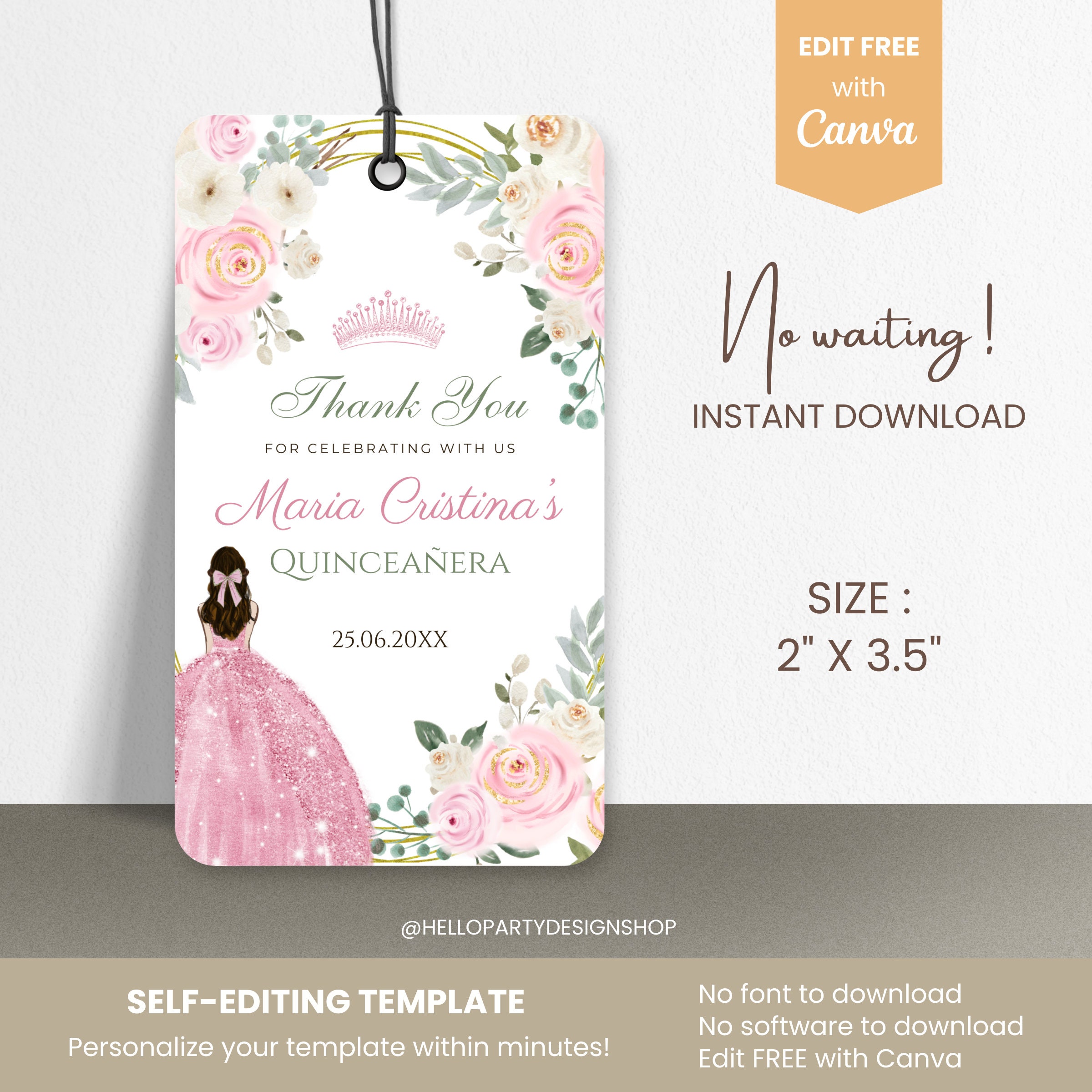 Editable Pink Blush Quinceañera Thank You Tag 15th Birthday Party ...