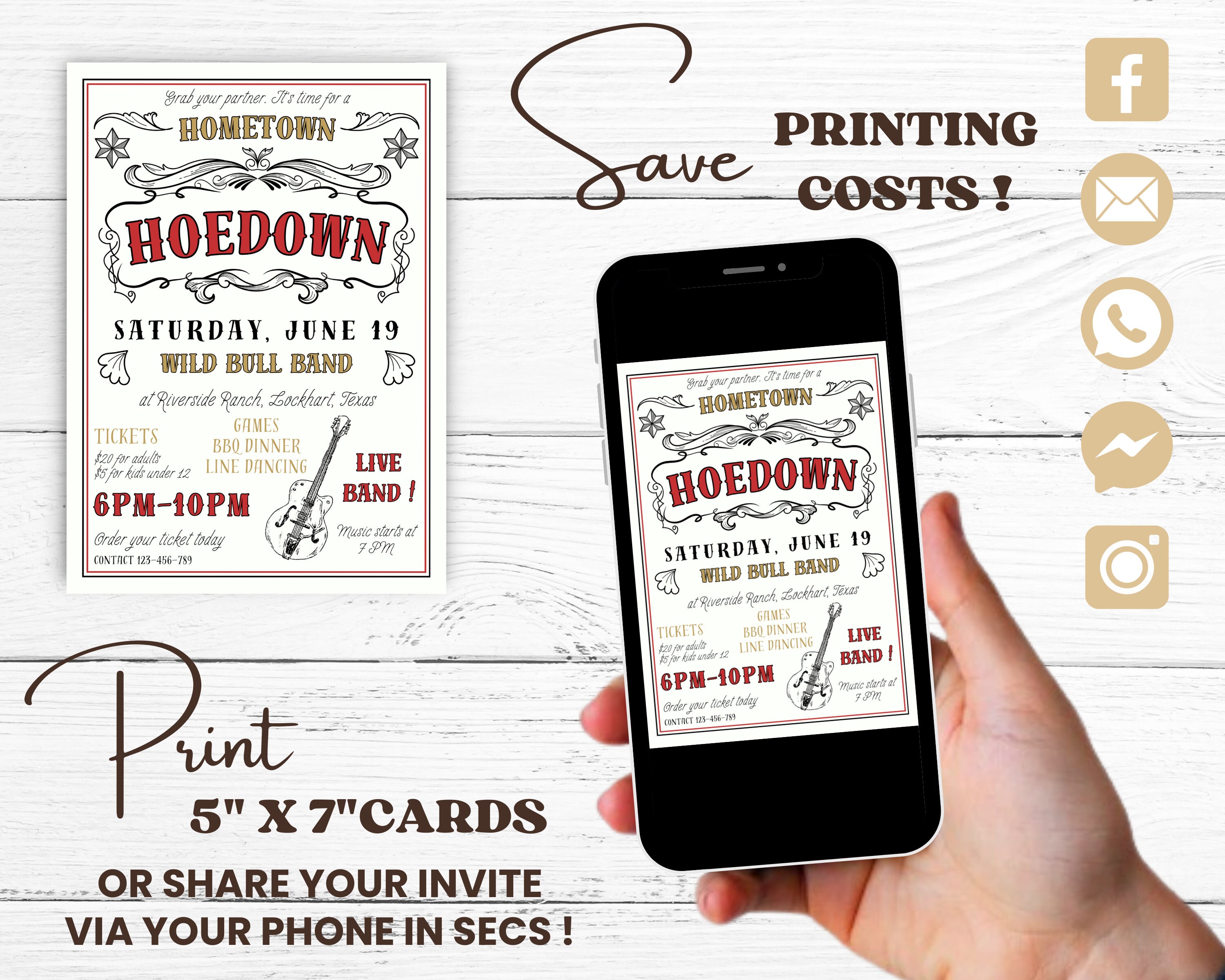 Editable Vintage Red Hoedown Flyer country Guitar Party Invitation ...