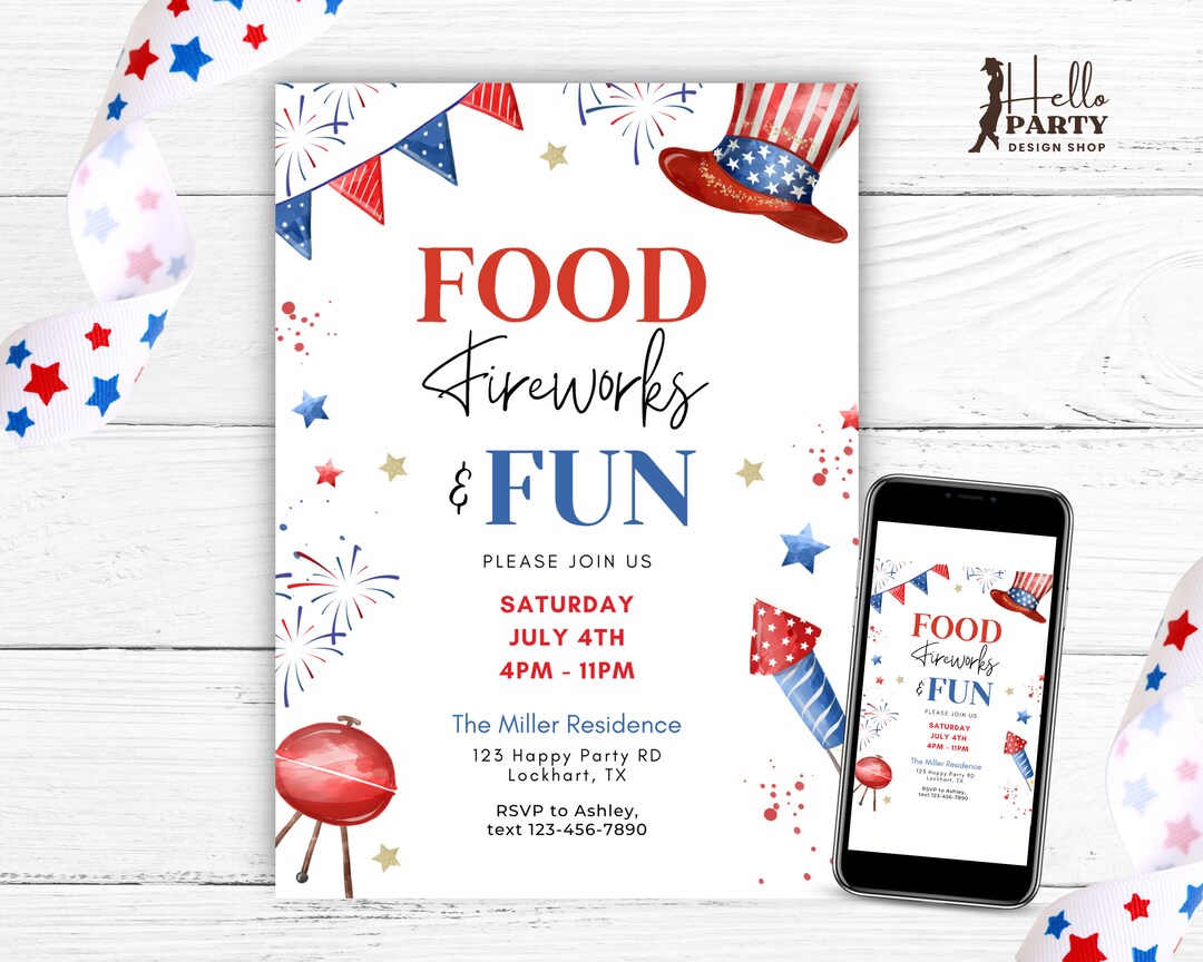 Editable 4th of July Cookout Invitation - Food Fireworks and Fun ...