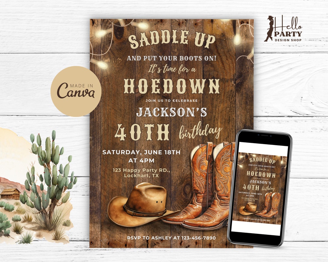 Editable Western Hoedown 40th Birthday Party Invitation - Cowboy ...