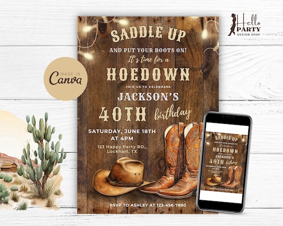 Western Theme Party Invitation Blank Editable Western Hoedown 50th