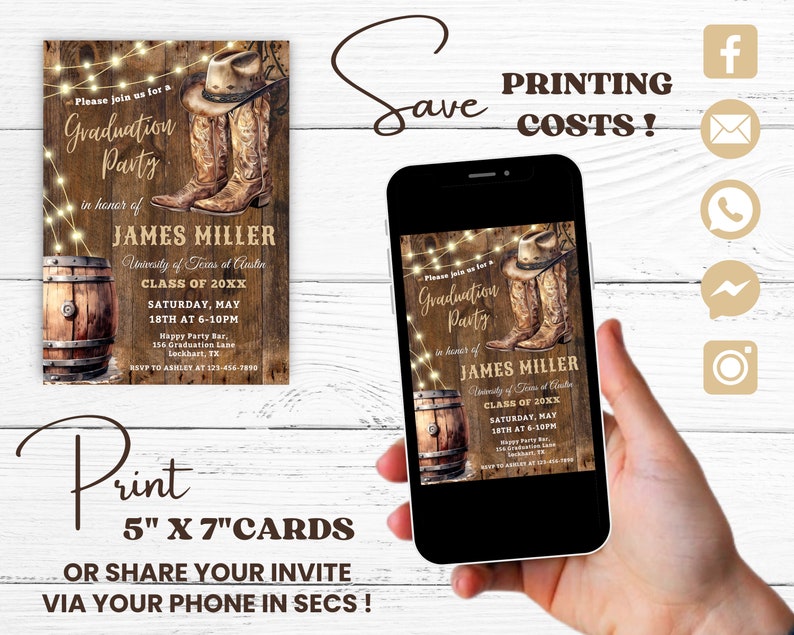 Editable Western Graduation Party Invitation - Digital Invite Rustic ...