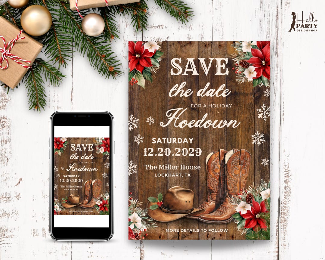 Editable Christmas Hoedown Save the Date, Cowboy Save the Date, Holiday ...