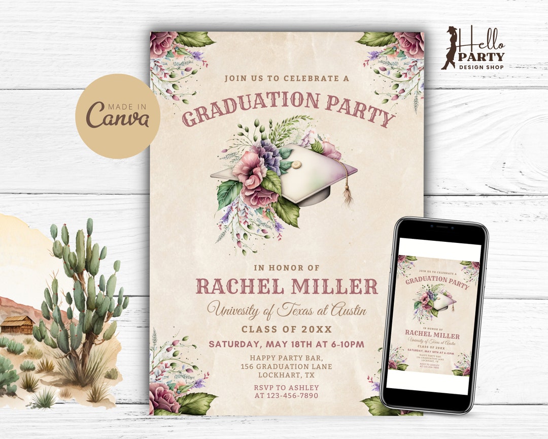 Editable Floral Boho Graduation Party Invitation - Rustic Digital ...