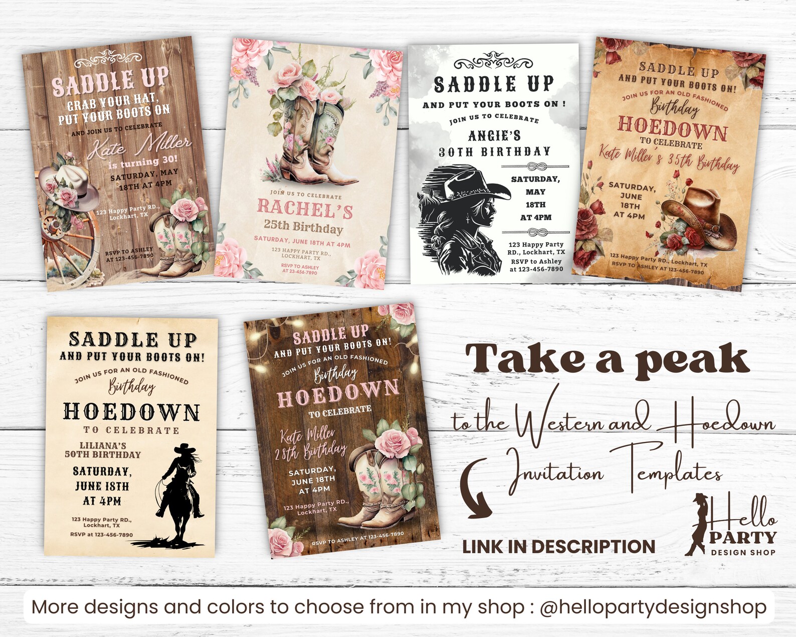 Editable Cowgirl Hoedown Birthday Party Invitation Peonies Roses Wild ...