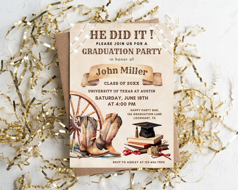 Editable Western Graduation Party Invitation Digital Invite Rustic ...