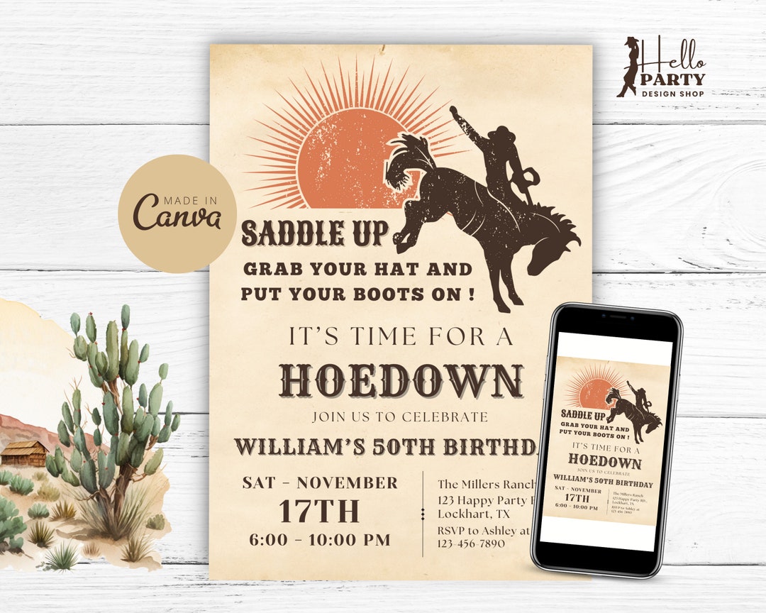 Editable Hoedown Birthday Invitation Western Sunset Wild West Desert ...