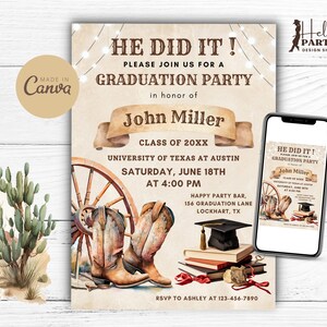 Editable Western Graduation Party Invitation - Digital Invite Rustic ...