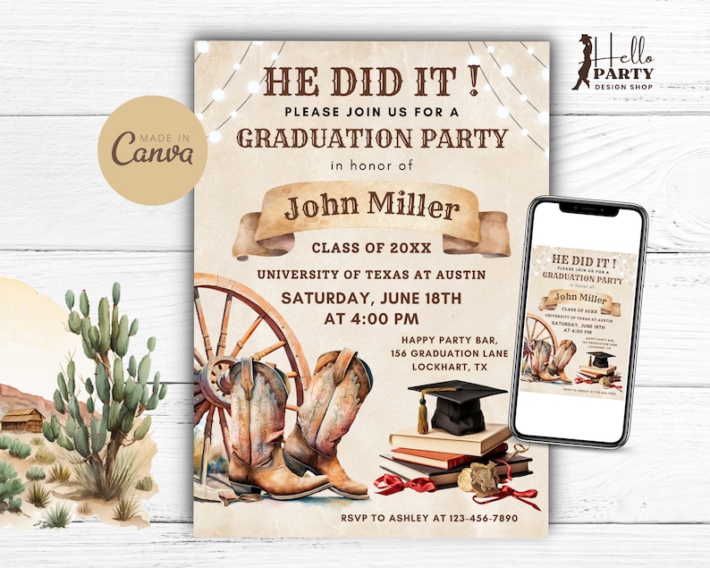 Editable Western Graduation Party Invitation Digital Invite Rustic ...