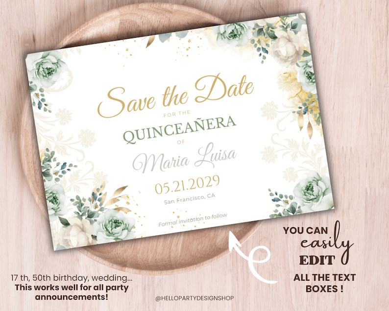 Pale Sage Green Gold Quinceañera Save the Date 5 X 3.5 Card, Ivory ...