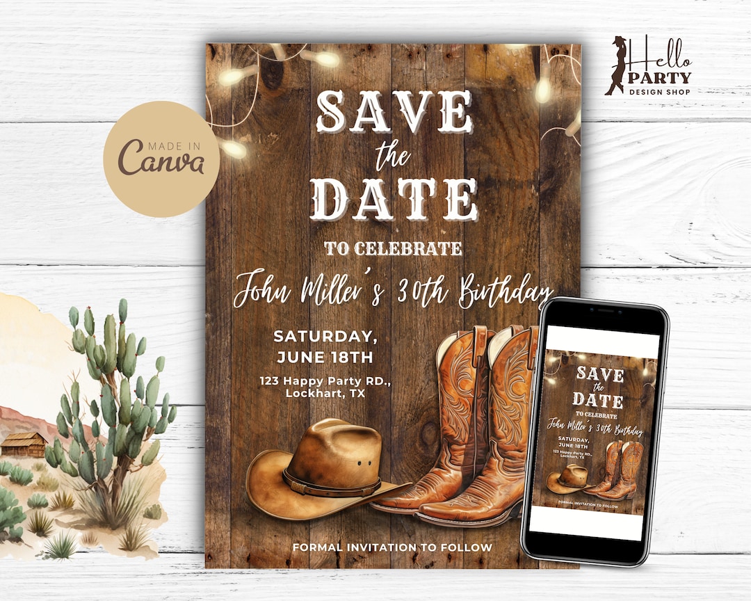 Editable Western Save the Date Birthday Party Invitation - Cowboy ...