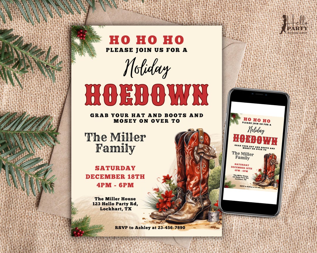 Editable Western Hoedown Christmas Invitation, Cowboy Christmas Party ...