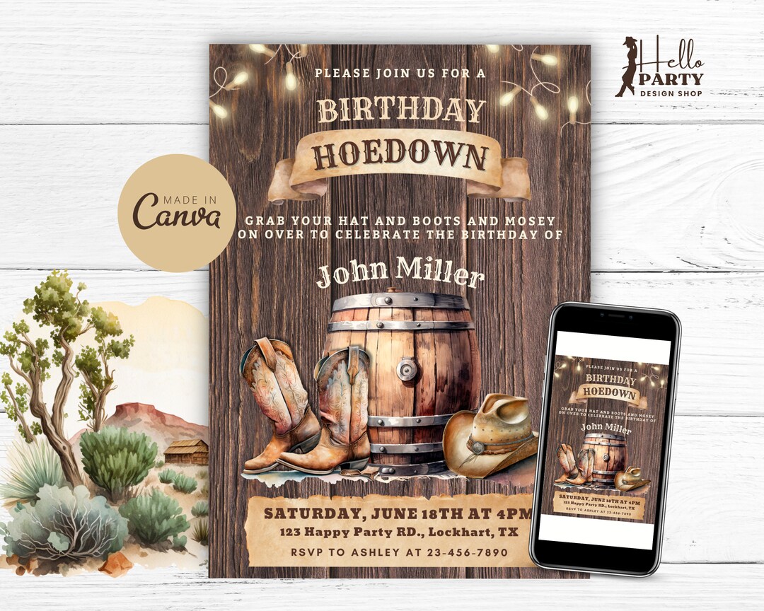 Editable Hoedown Birthday Party Invitation - Western Cowboy Digital ...